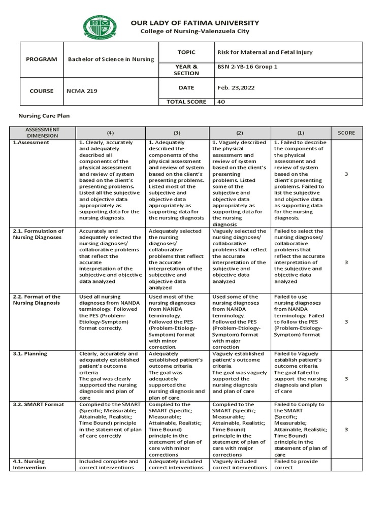 NCP Rubric Sec 16 Group 1 | PDF | Medical Diagnosis | Nursing