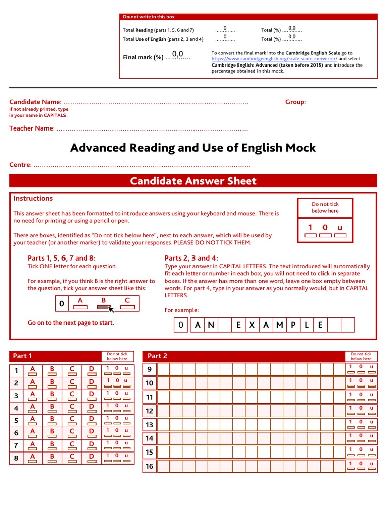 C1 Reading and UoE Answer Sheet (Fillable) | PDF | Writing | Computing