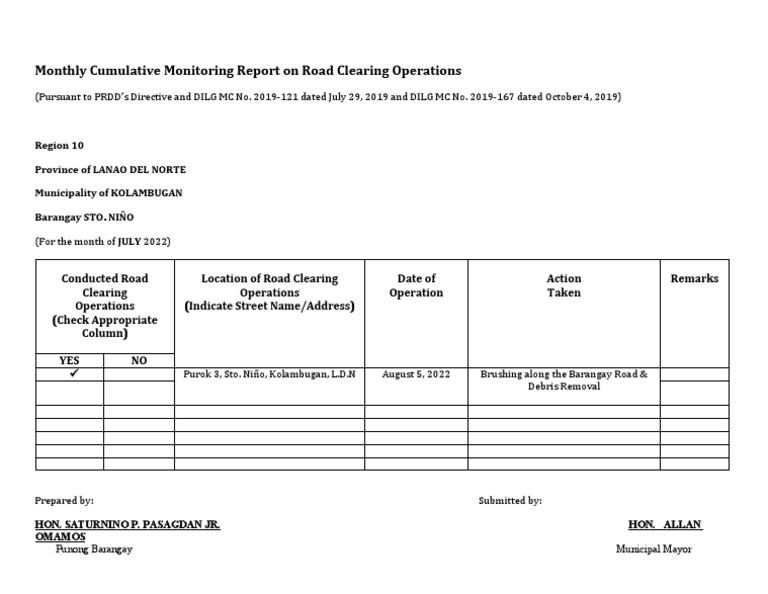 Barangay Road Clearing Report - July 2022 | PDF
