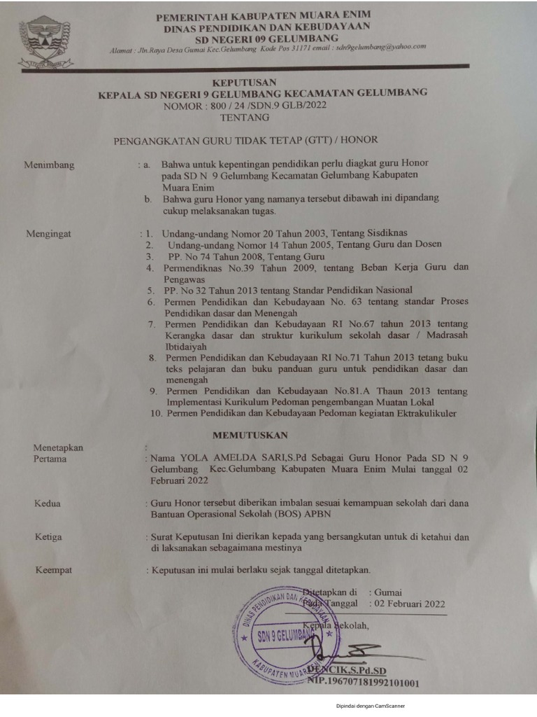 SK Pengangkatan Yola Amelda Sari | PDF