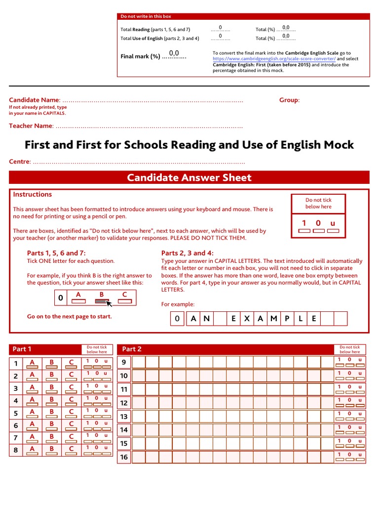B2 Reading And UoE Answer Sheet Fillable PDF Computing