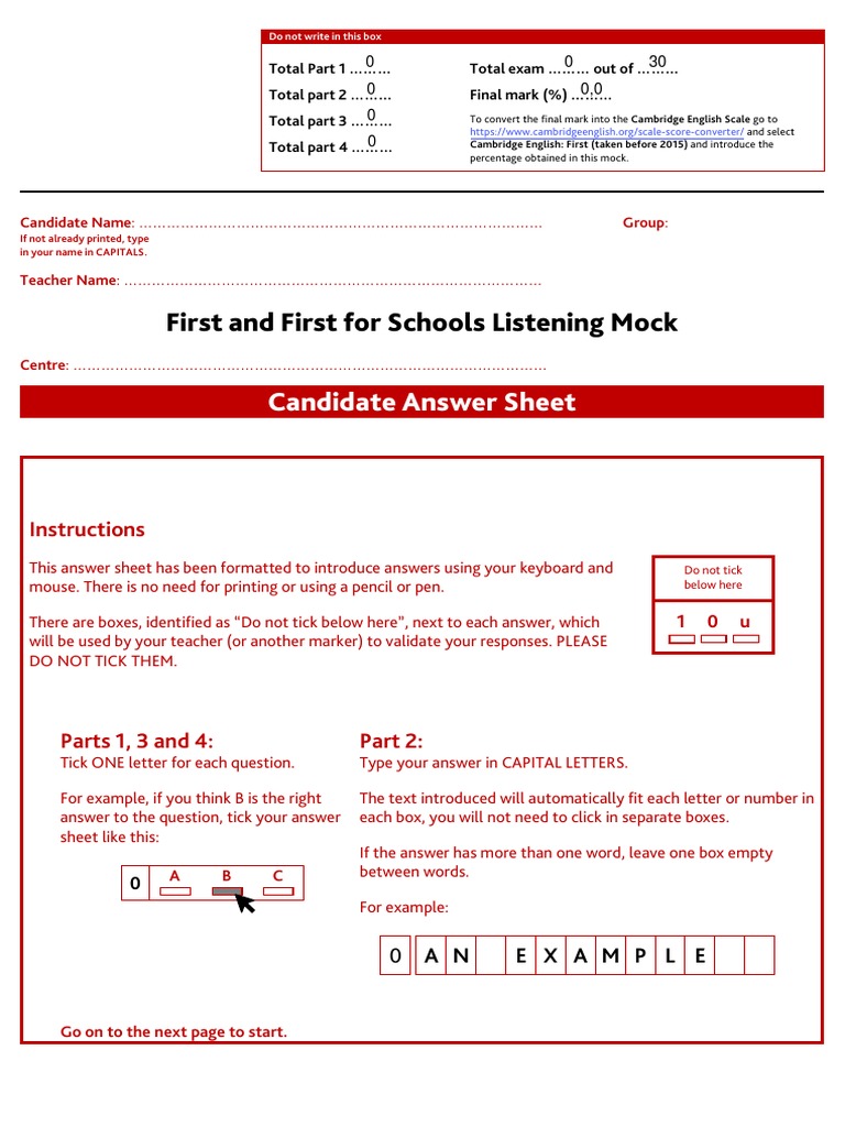 B2 Listening Answer Sheet (Fillable) | PDF