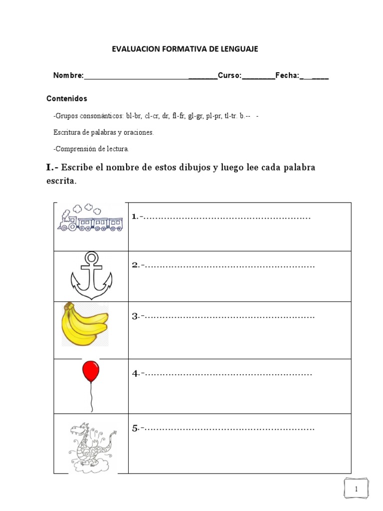 Prueba de Grupos Consonanticos 2° Basico | PDF | Artes del Lenguaje y ...