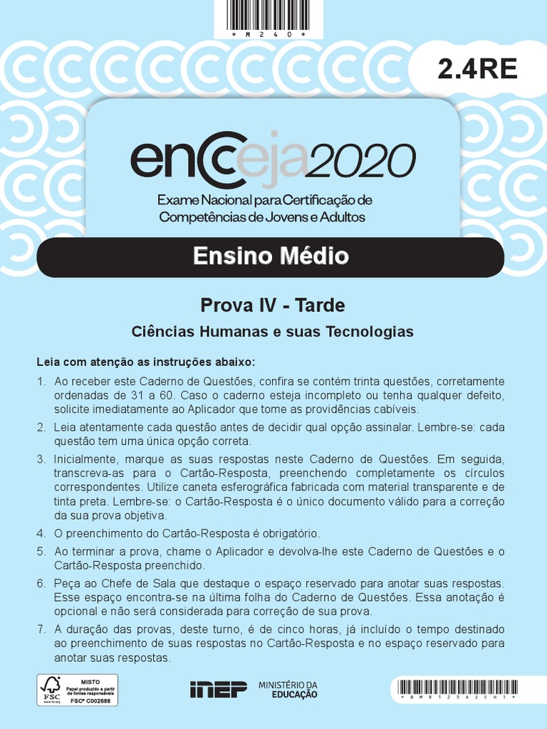 Prova de Ciências Humanas - ENCCEJA 2020 | PDF | Brasil | Humano