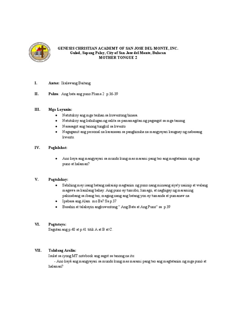 MT 2 - Lesson Plan Ang Bata at Ang Puno | PDF