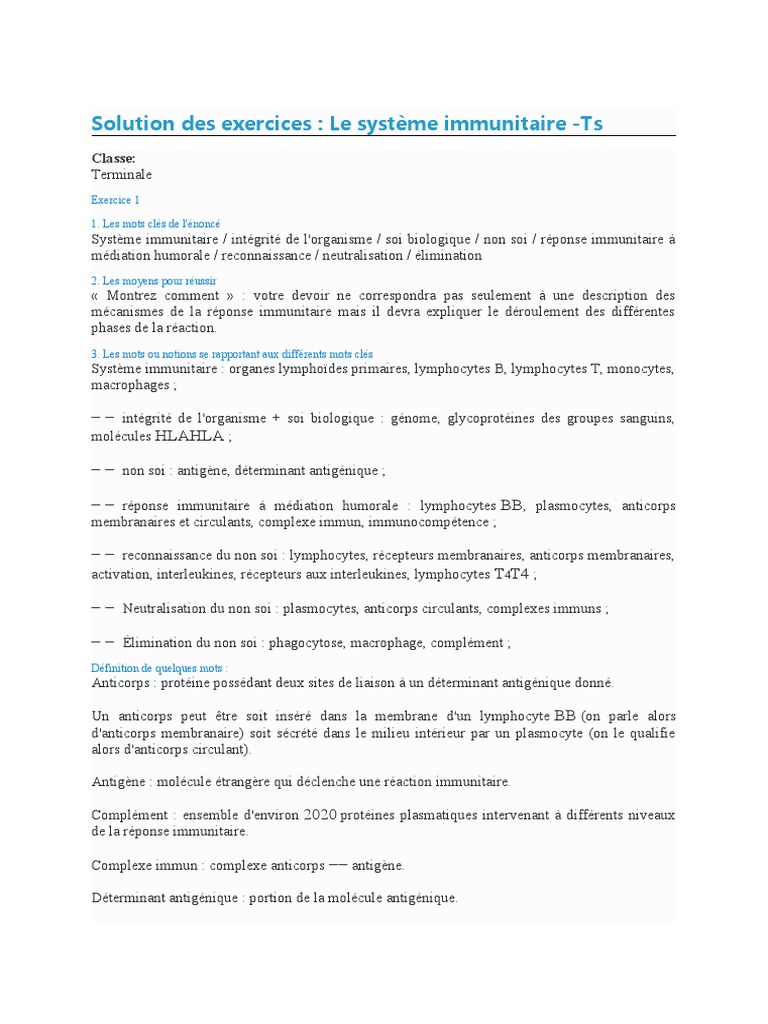 Exercices sur le Système Immunitaire | PDF | Système immunitaire ...