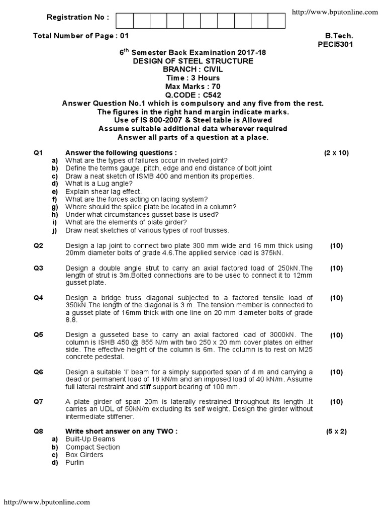 Btech Civil 6 Sem Design of Steel Structure Peci5301 2018 | PDF | Truss | Screw