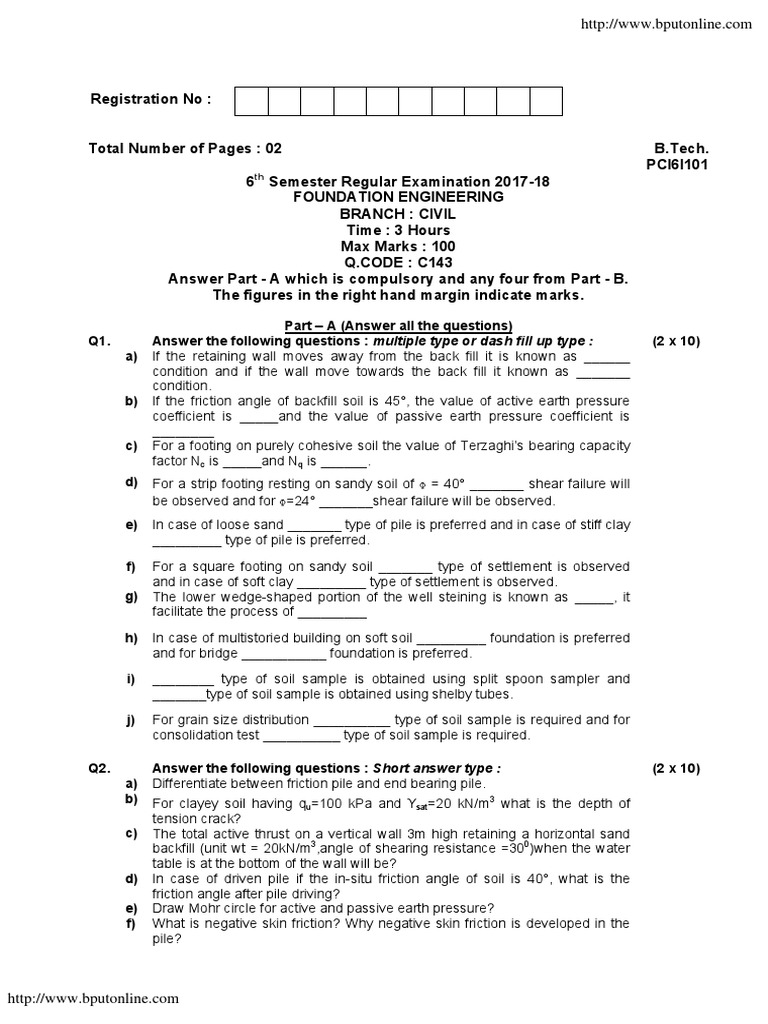 Btech Civil 6 Sem Foundation Engineering Pci6i101 2018 | PDF | Deep ... Btech Civil 6 Sem Foundation Engineering Pci6i101 2018 | PDF | Deep ...