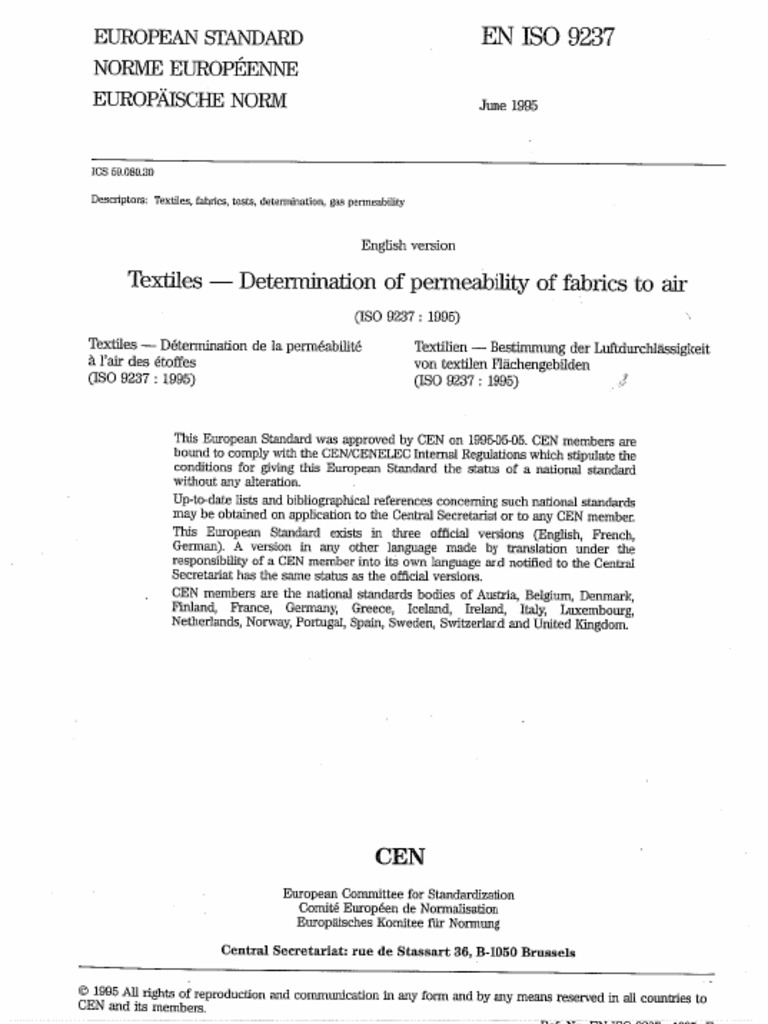 EN ISO 9237-95 Permeability of Fabrics To Air | PDF
