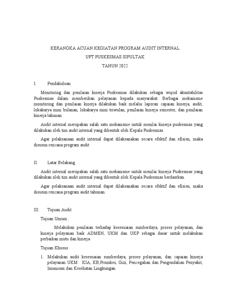 Kerangka Acuan Kegiatan Program Audit Internal | PDF