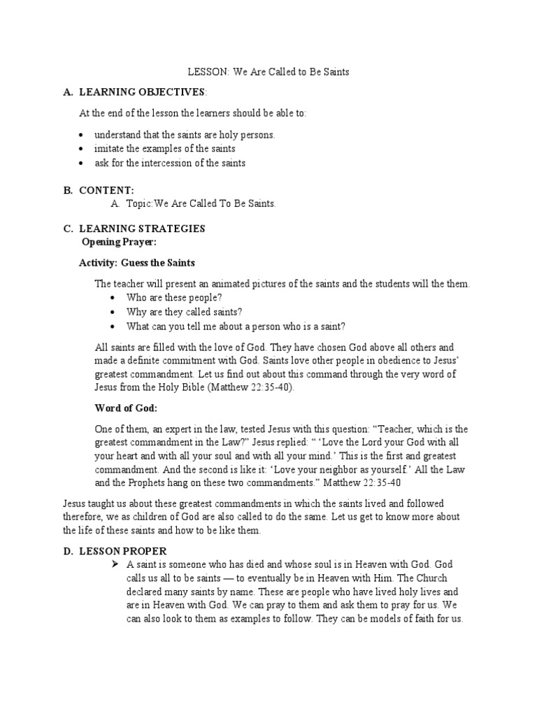 Lesson Plan: Becoming Saints | PDF | Saint | Jesus