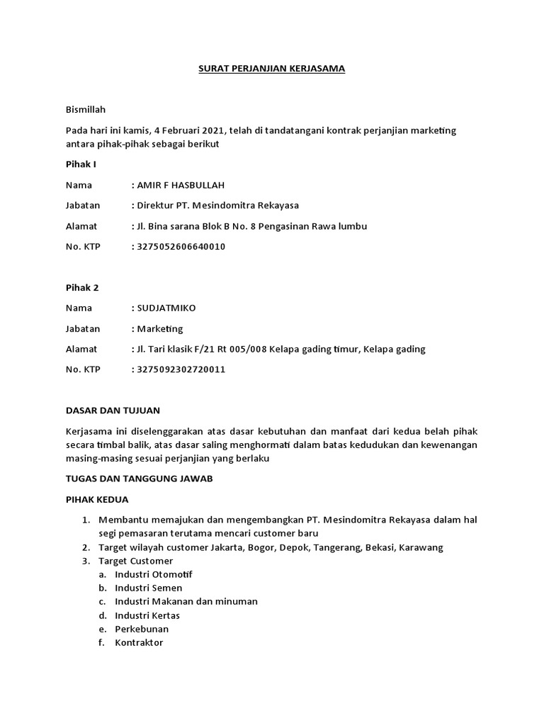 Surat Perjanjian Kerjasama | PDF