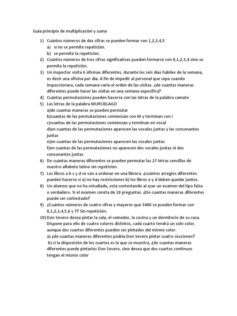 Guía Principio de Multiplicación y Suma | PDF