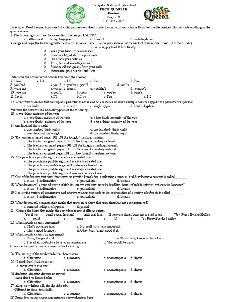 English 9 First Quarter Exam Guide | PDF | Poetry | Linguistics