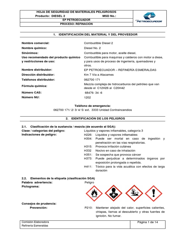 Hoja de Seguridad Disel | PDF | Residuos | Agua