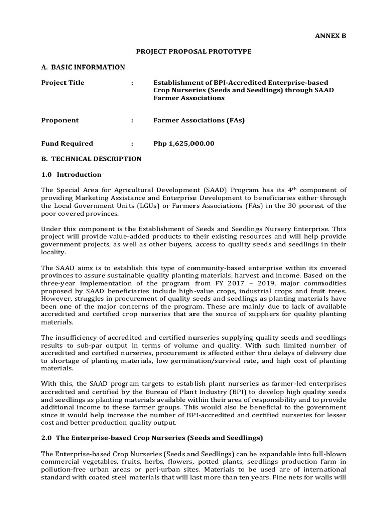 Annex A - Sample Enterprise Based Crop Nursery Proposal | PDF ...