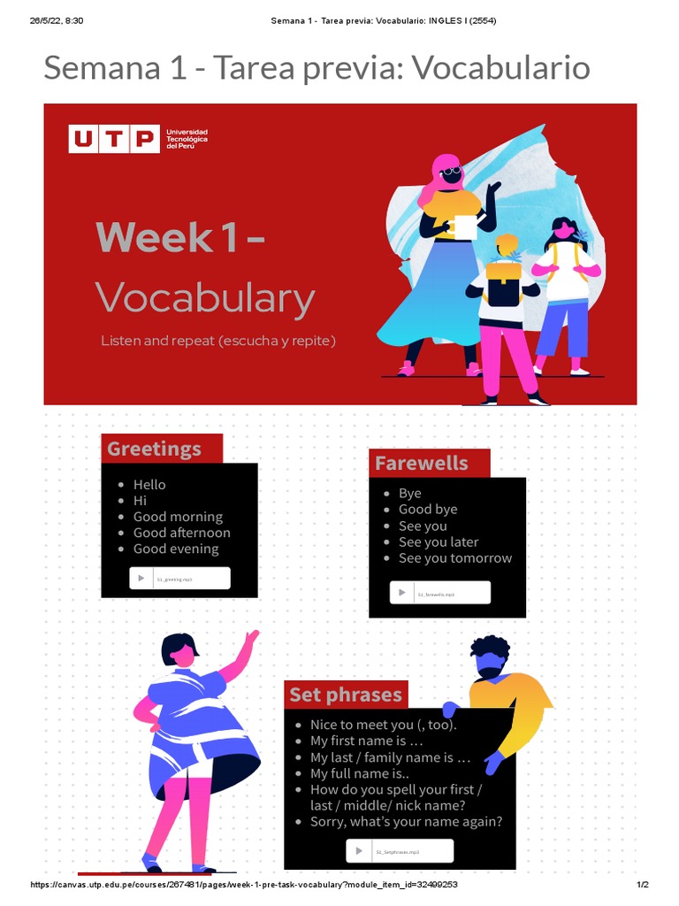 Semana 1 - Tarea Previa - Vocabulario - INGLES I (2554) | PDF | Linguistics | Syntax