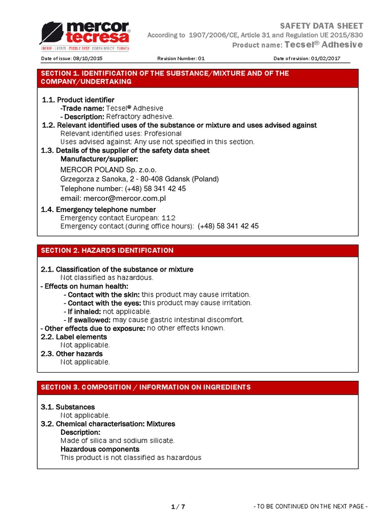 SAFETY DATA SHEET TECSEL ADHESIVE - Rev 01 | PDF | Dangerous Goods | Toxicity