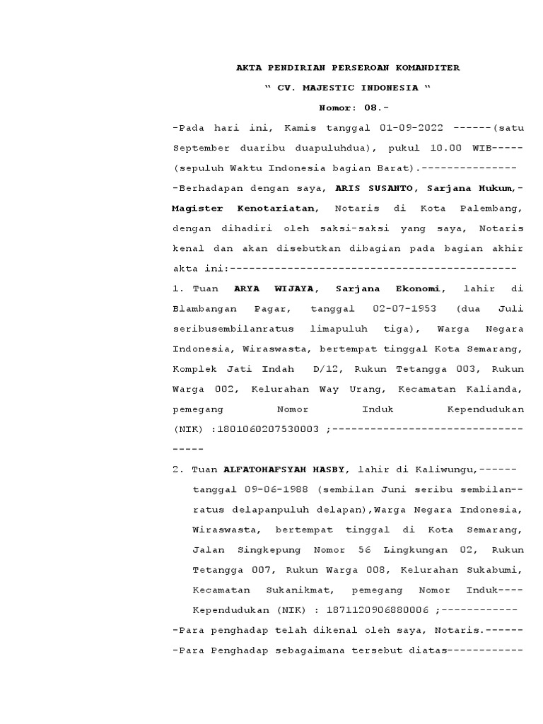 Akta Pendirian CV | PDF