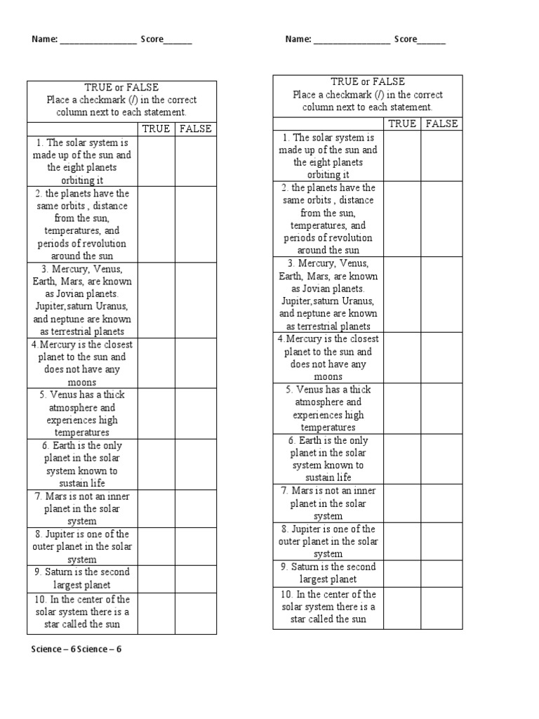 TRUE or FALSE Science 6 | PDF | Planets | Solar System