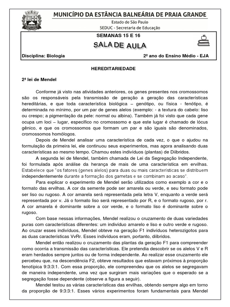 Segunda Lei de Mendel: Segregação Independente | PDF | Genética | Biologia