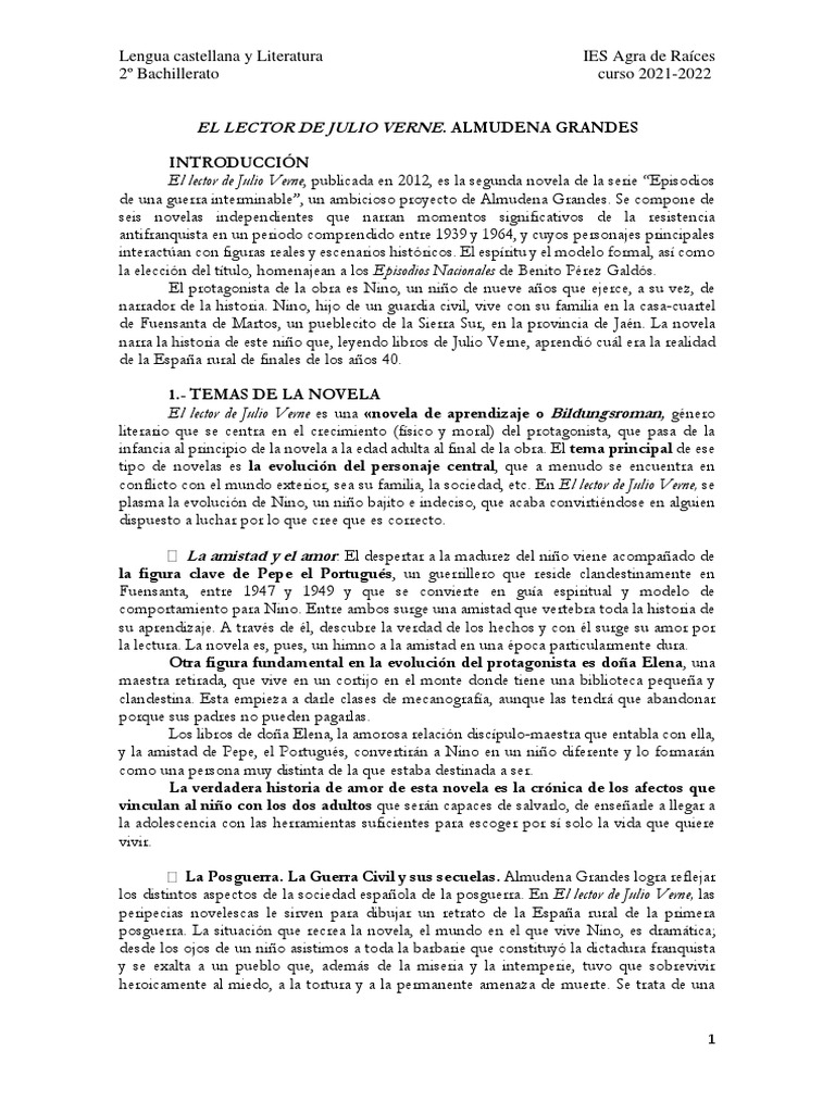 Apuntes El Lector de Julio Verne, de Almudena Grandes | PDF | Narración ...