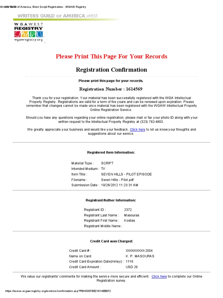 WGAW Script Registration Confirmation | PDF | Communication