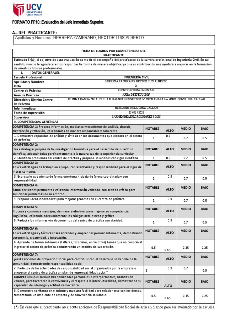 FORMATO FP10 - Evaluación Del Jefe Inmediato Superior | PDF ...