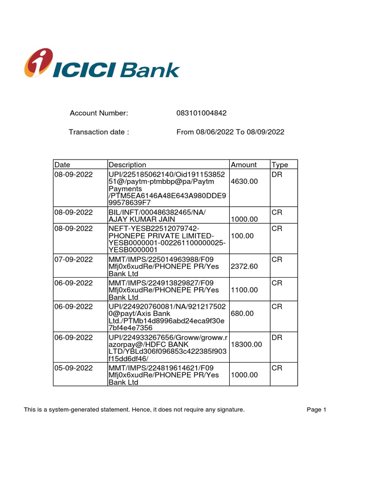 This Is A System-Generated Statement. Hence, It Does Not Require Any Signature | PDF | Banking ...