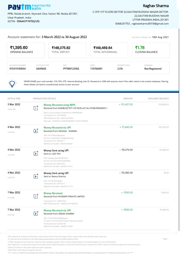 Paytm 6 Months Statement | PDF | Banks | Deposit Account