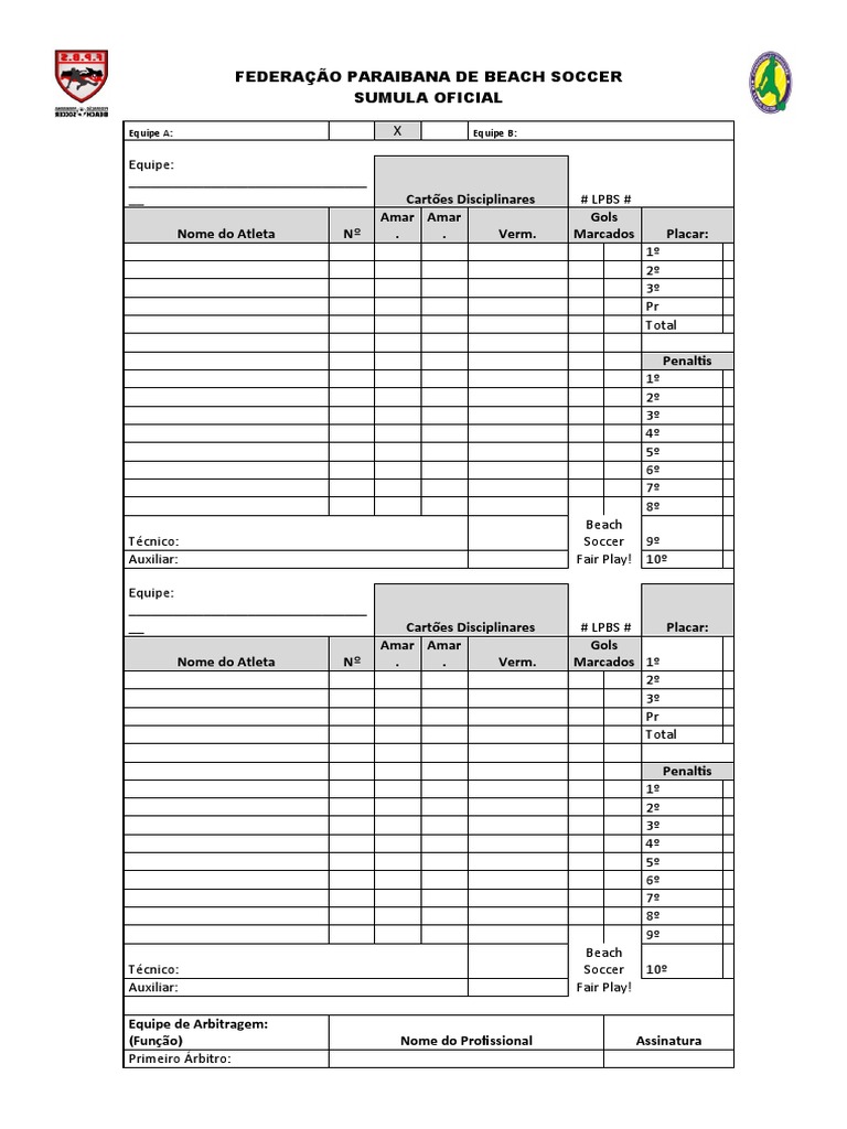 Sumula Oficial Da Federação Paraibana de Beach Soccer | PDF | Esportes ...