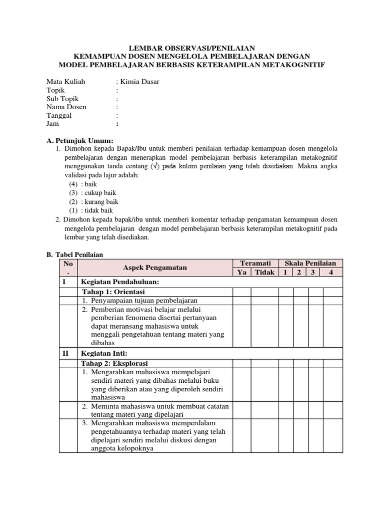 LEMBAR OBSERVASI PENGAMATAN AKTIVITAS DOSEN (Contoh) | PDF