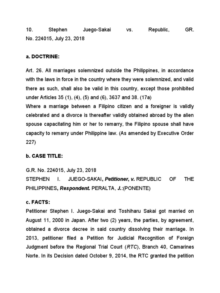 Stephen Juego Sakai vs. Republic GR. | PDF | Divorce | Marriage