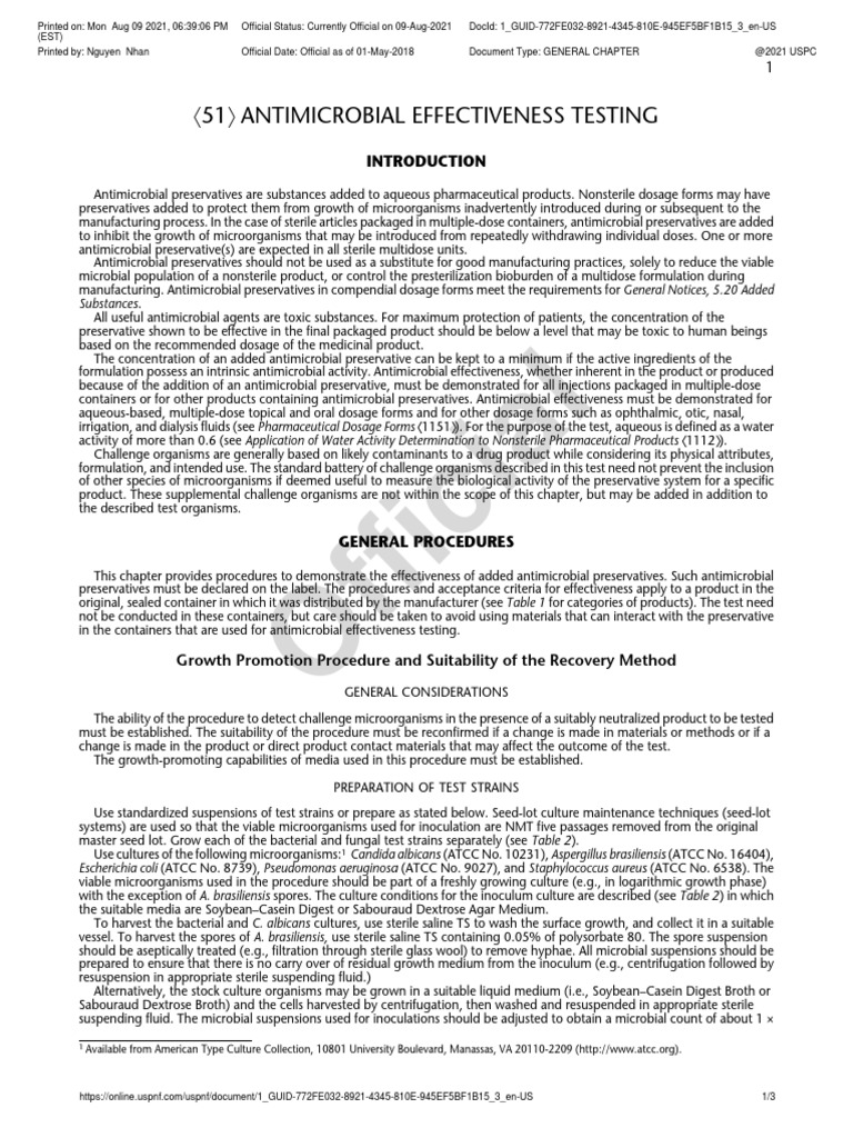 〈51〉 ANTIMICROBIAL EFFECTIVENESS TESTING | PDF | Colony Forming Unit ...