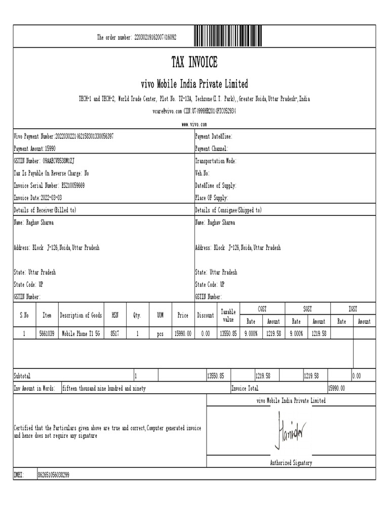 Tax Invoice: Vivo Mobile India Private Limited | PDF | Invoice | Payments