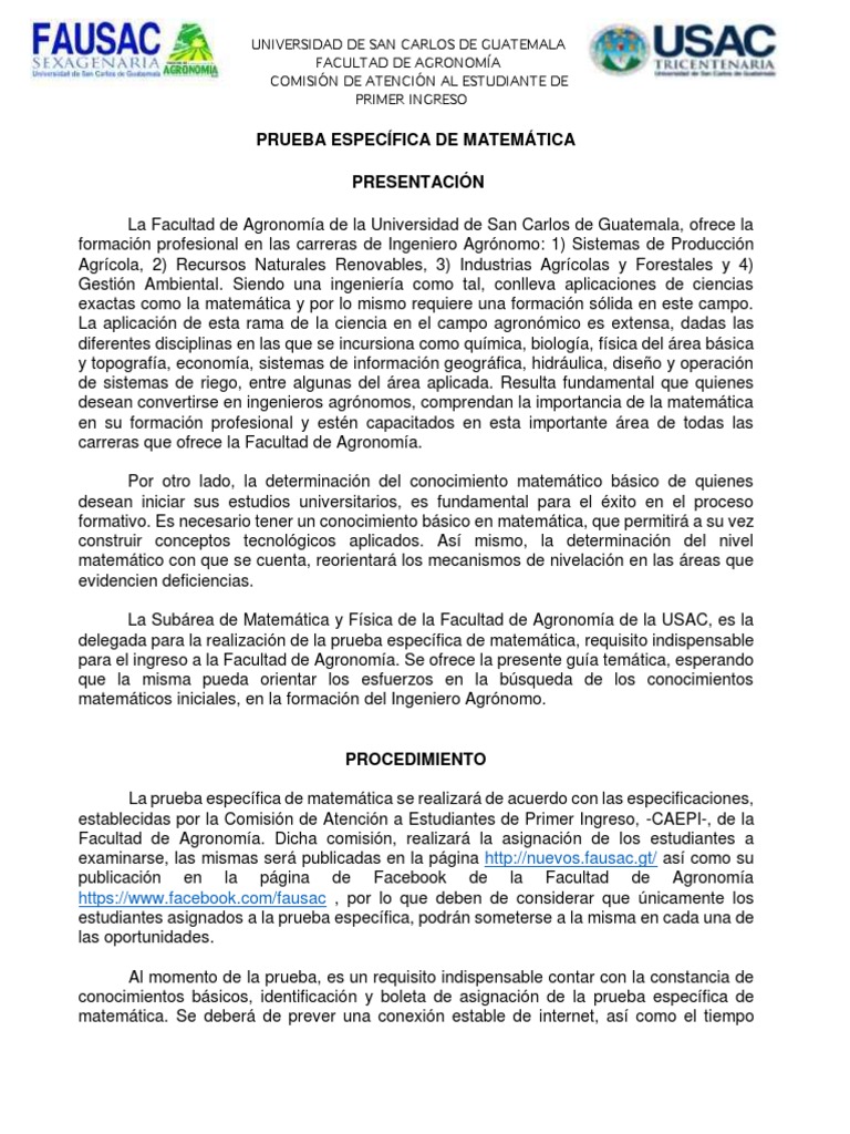 Guia de Estudio Prueba Especifica de Matematica Fausac 2022 | PDF ...