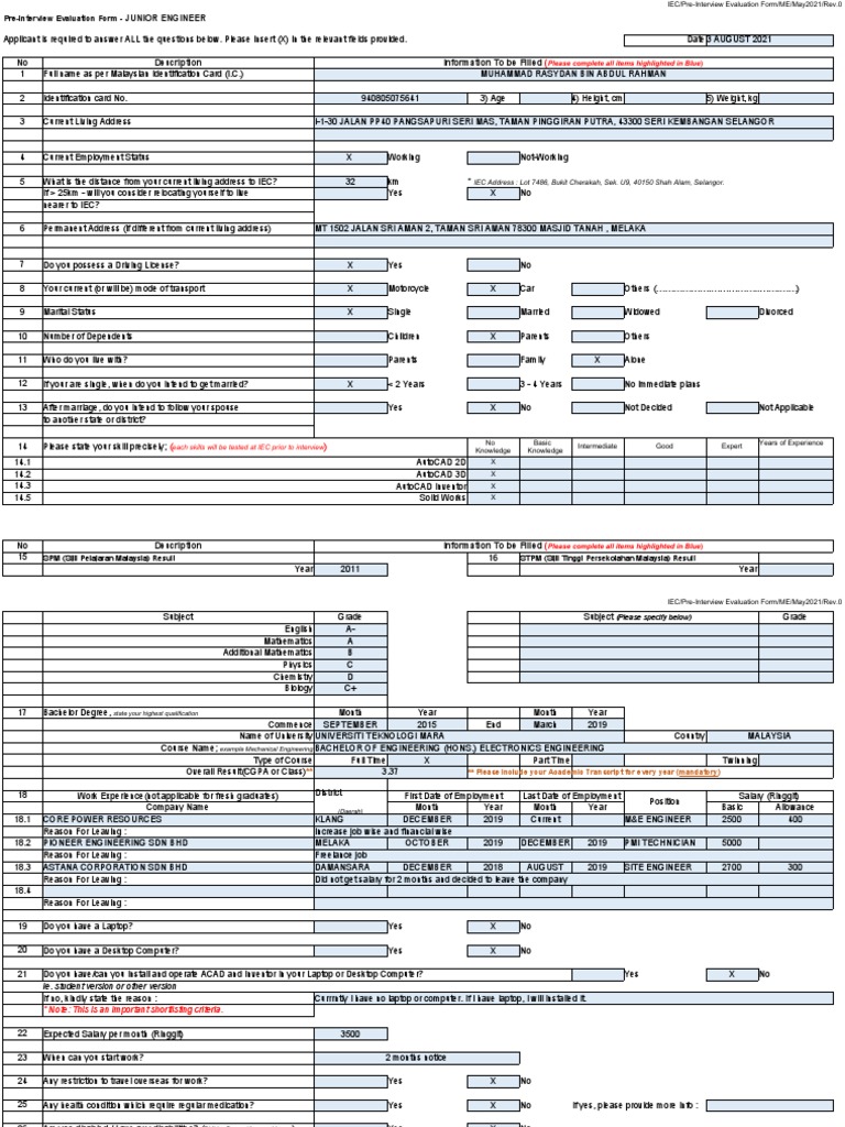 Pre-Interview Evaluation Form-Junior Engineer | PDF
