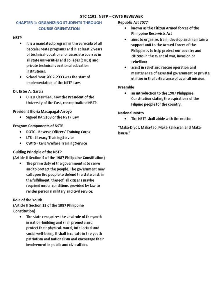 NSTP - CWTS Chapters 1-6 Reviewer | PDF | Emergency Management | Due ...
