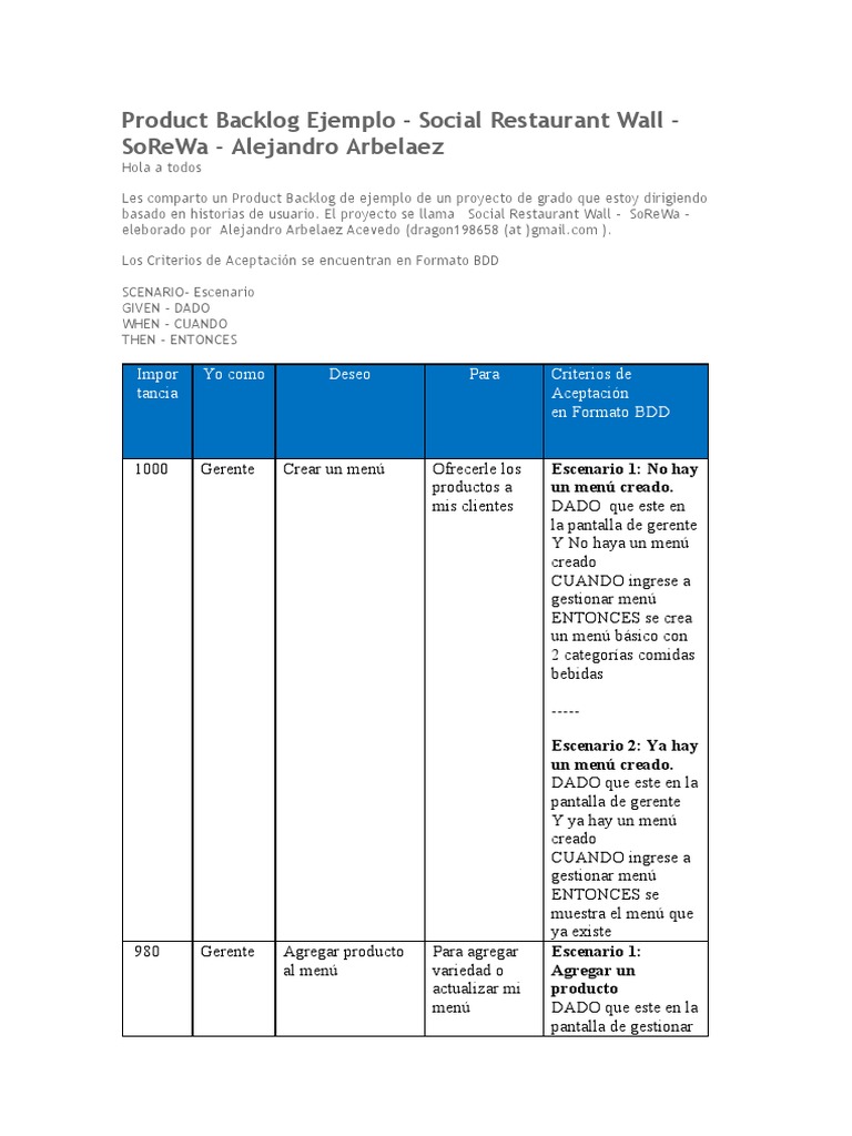 Product Backlog Ejemplo | PDF | Scrum (desarrollo de software) | Camareros