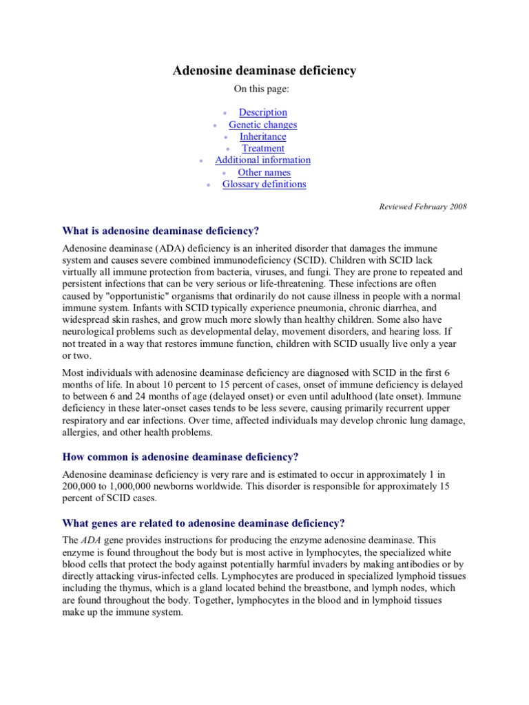 Adenosine Deaminase Deficiency | Lymphatic System | Immune System