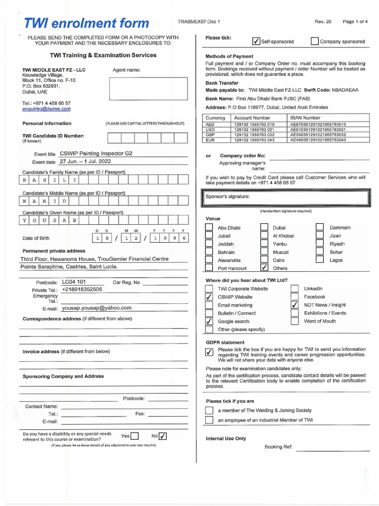 02 TWI enrolment form From Rev 25 ME - (Blank) | PDF