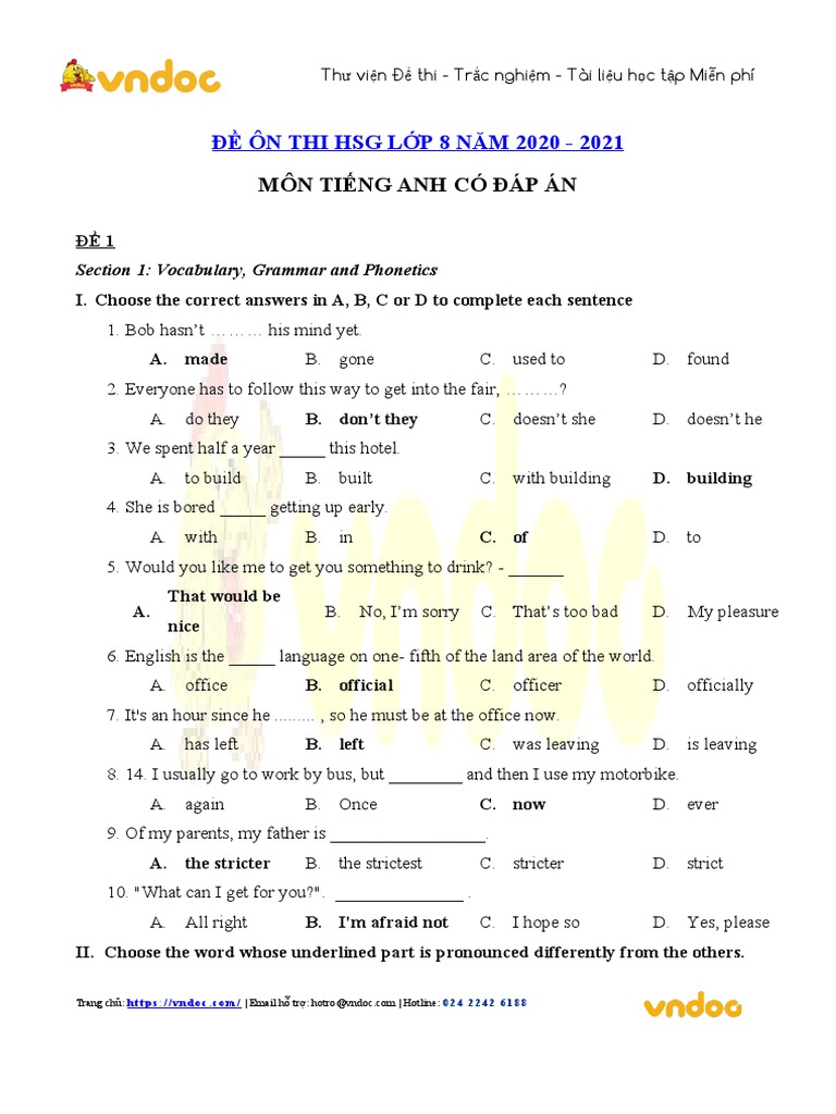 Bo de Thi Hoc Sinh Gioi Tieng Anh Lop 8 | PDF | Language Arts & Discipline