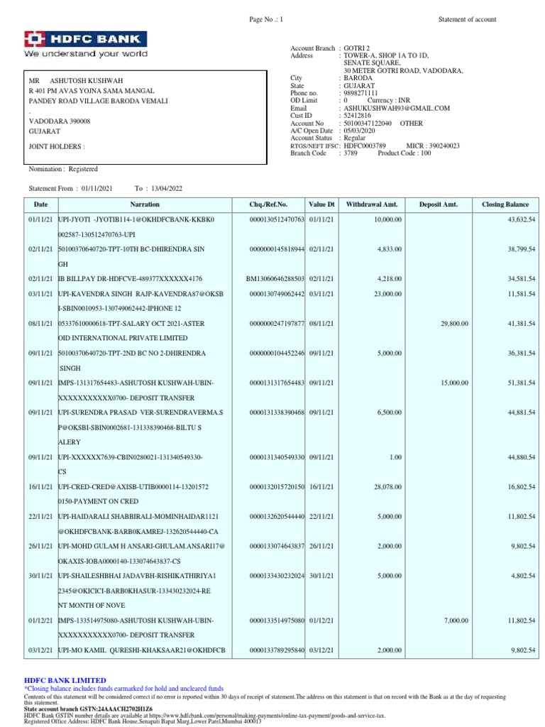 HDFC Statement - 01.11.021 - 13.04.2022 | PDF | Banks | Financial ...