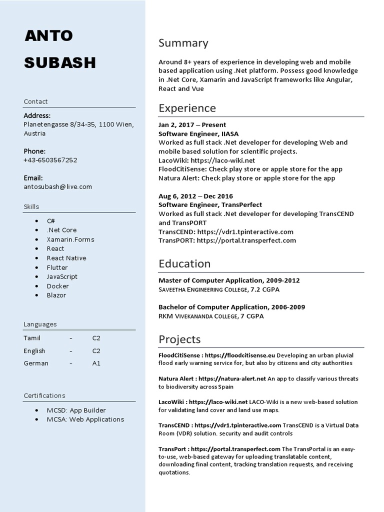 Anto Subash Resume | PDF | Web Application | Application Software