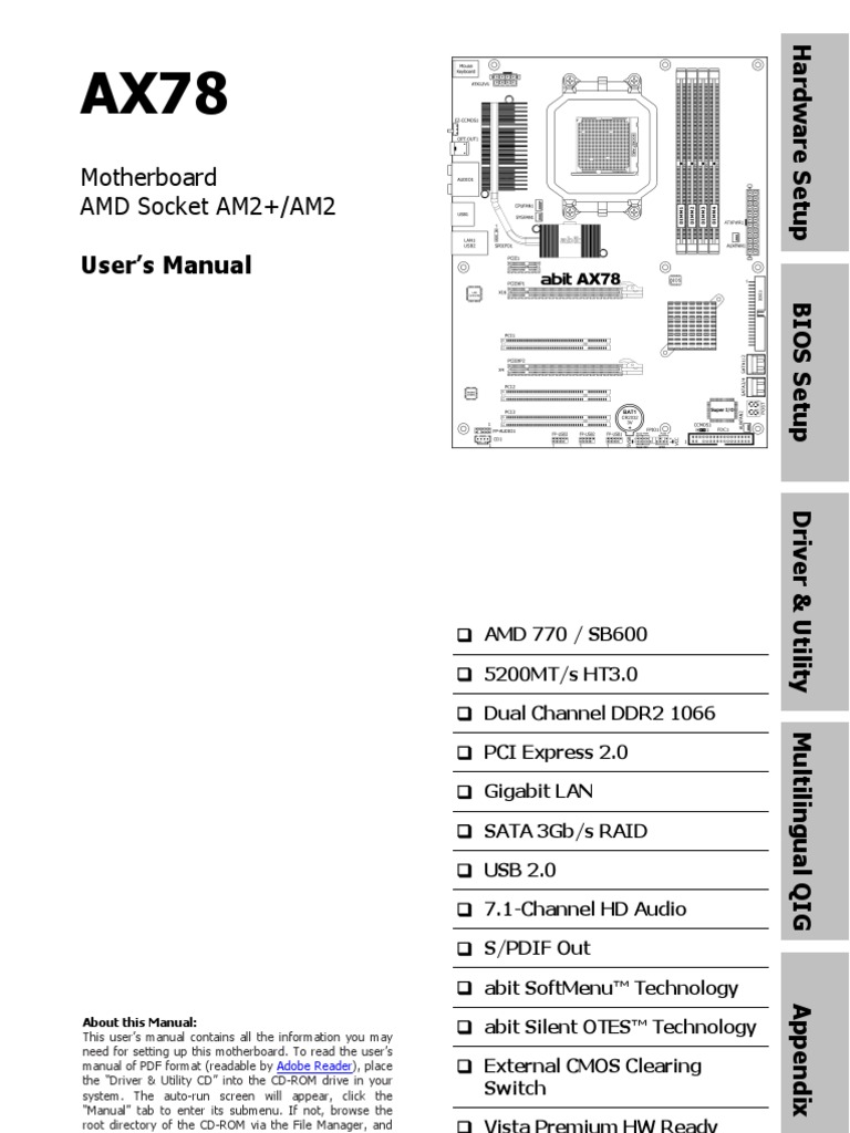 Abit AX78 Motherboard Manual | PDF | Bios | Booting