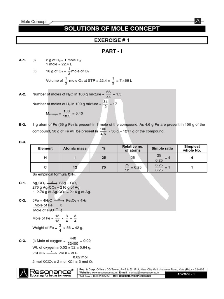 MOL Exercise Sol E | PDF | Mass Concentration (Chemistry) | Mole (Unit)