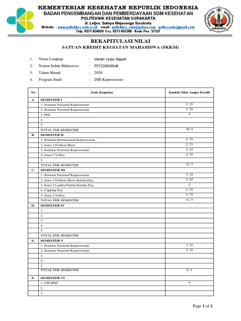 Contoh Pengisian Rekapitulasi Nilai SKKM | PDF