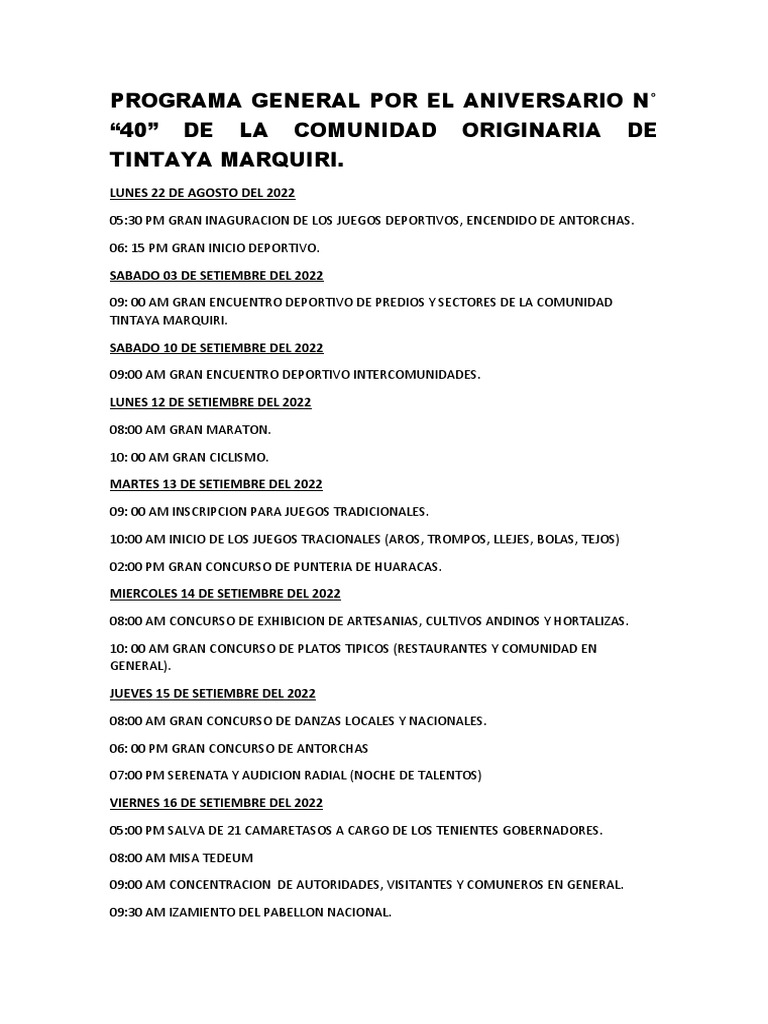 PROGRAMA GENERAL ANIVERSARIO 2022 | PDF