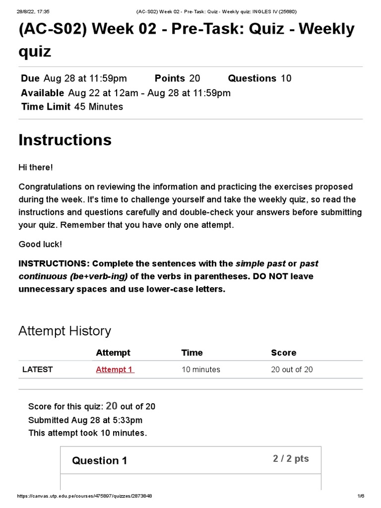 Weekly Quiz: INGLES IV - Week 02 | PDF | Cognitive Science | Linguistics
