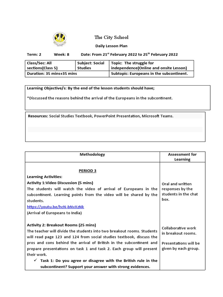 Grade 5 Social Studies: Independence Lesson | PDF | Learning | Pedagogy